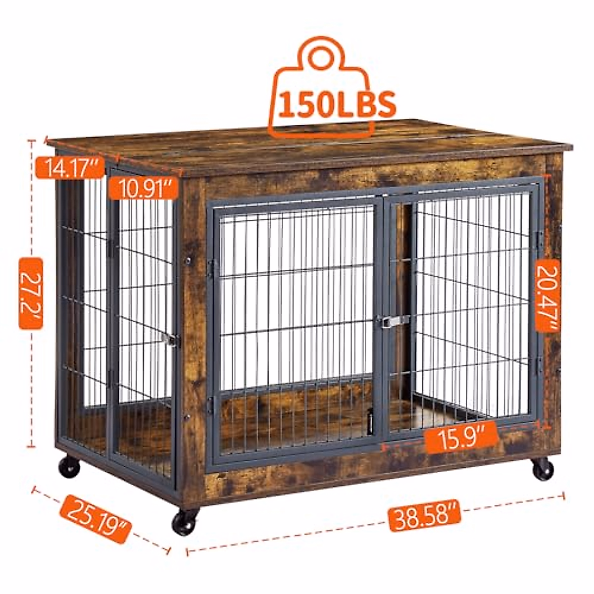 FULUWT Dog Crate Furniture, Indoor Dog Kennel Furniture for Dogs, Dog Crate with Double Doors, Decorative Pet House for Small/Medium/Large Dogs. (Rustic Brown, 38.58'' L x 25.2'' W x 27.17'' H)