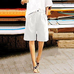 JDHUFEI Cotton Shorts for Women Elastic Waist Knee Length Casual Shorts Loose Fit Bermuda Shorts Summer Beach Pocketed Shorts