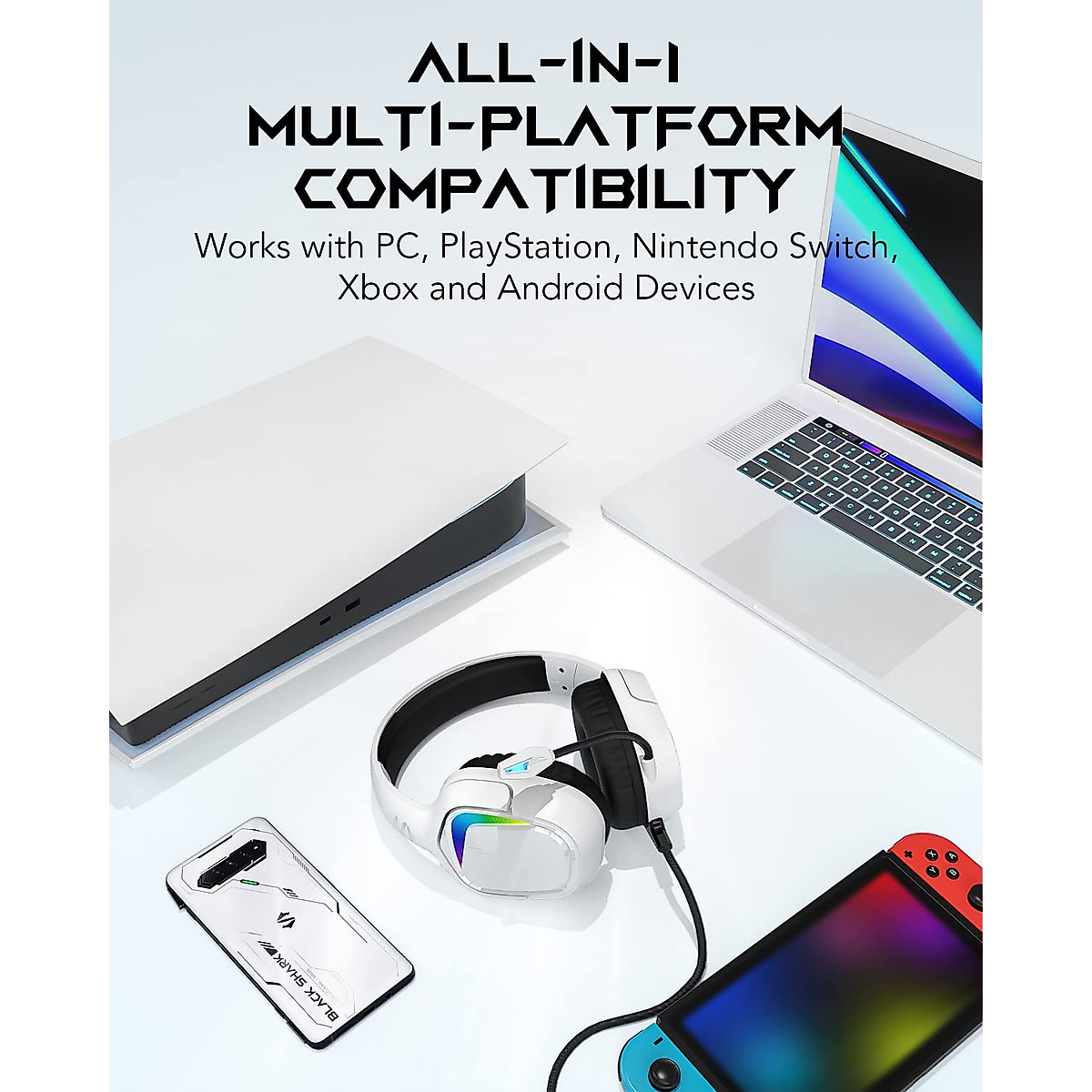 Black Shark Gaming Headset for PC, PS4, PS5, Xbox, Switch, All-in-1 Gaming Headphones with Ultra-Clear Bendable Mic, 50mm Dynamic Drivers, Noise Isolation Ear Cushions, in-line Controls - White