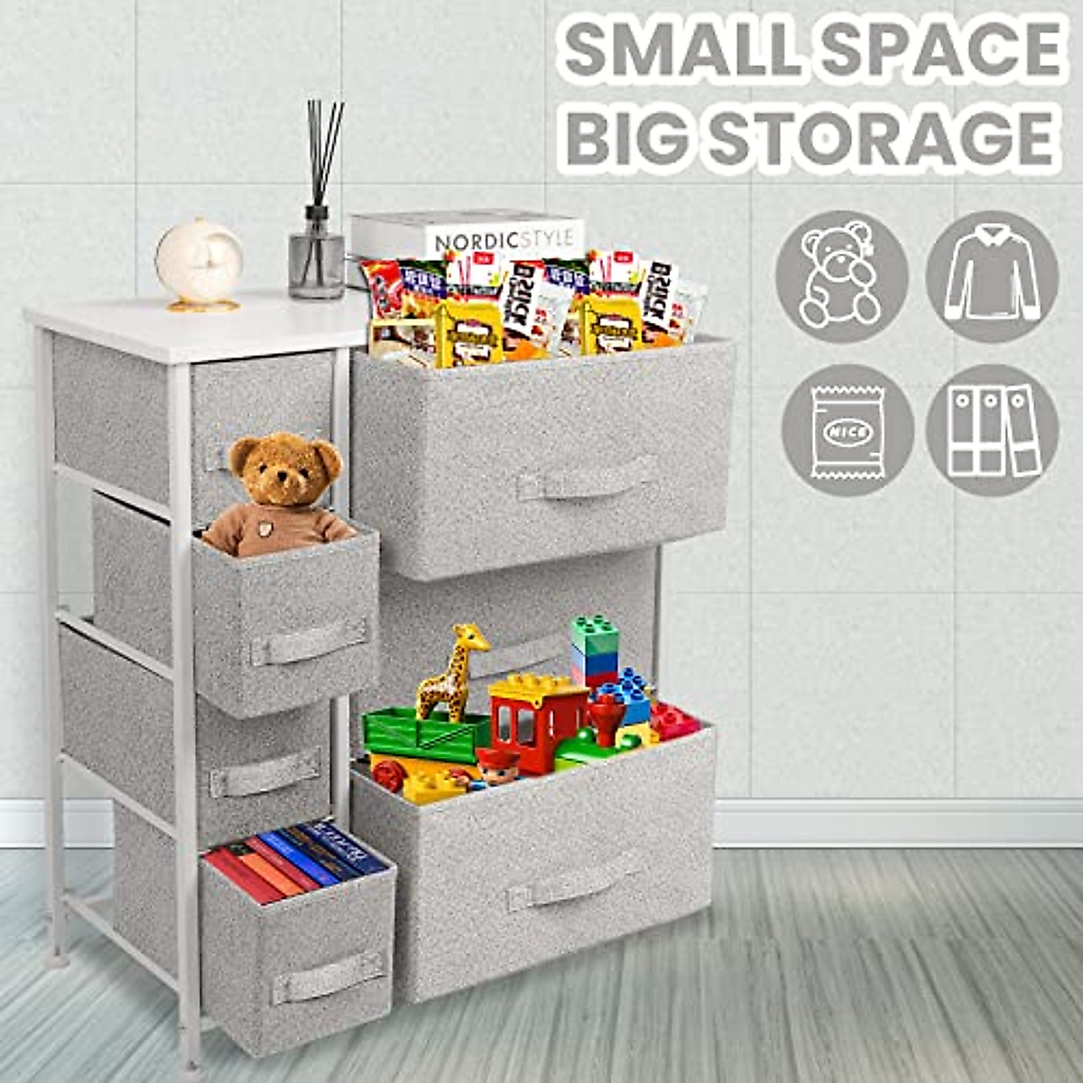 CONNOO 7 Drawer Dresser Storage Tower, 4-Tier Vertical Organizer Unit Chest for Bedroom, Hallway, Entryway, Closet, Nursery, Sturdy Steel Frame, Wooden Top, Easy Pull Fabric Bins, Gray/White