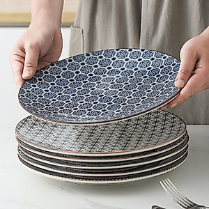 YELLOYA Japanese Large Dinner Plates Set 10.6 Inch-Salad Serving Dishes Set of 6-Blue and White Plates,Dishwasher & Microwave Safe, Assorted Pattern Plates