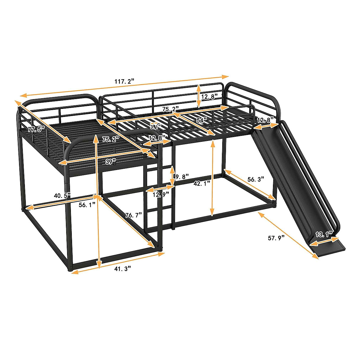 ATY L-Shaped Full and Twin Size Bunk Bed, Metal Bedframe w/Ladder & Slide, for 4 People, Bedroom, Dorm, Guestroom Supplies, Save Space Design, Black
