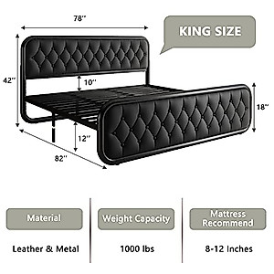 Feonase King Bed Frame with Rhombus Button Tufted, Oval-Shaped Metal Platform Bed with Faux Leather Headboard, Strong Slats Support, 12" Under-Bed Storage, Noise-Free, Easy Assembly, Black