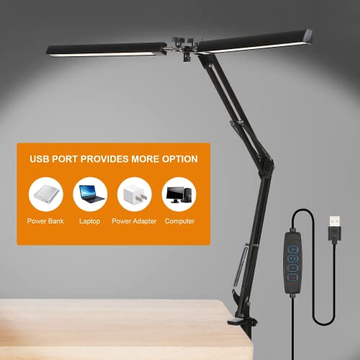 Neoglint Desk Lamps for Home Office Double Head - Modern Swing Arm Table Lamps with Clamp, 24W Large Bright Architect Desk Lights, 3 Color 10 Brightness & Memory Function Adjustable Task Lamp