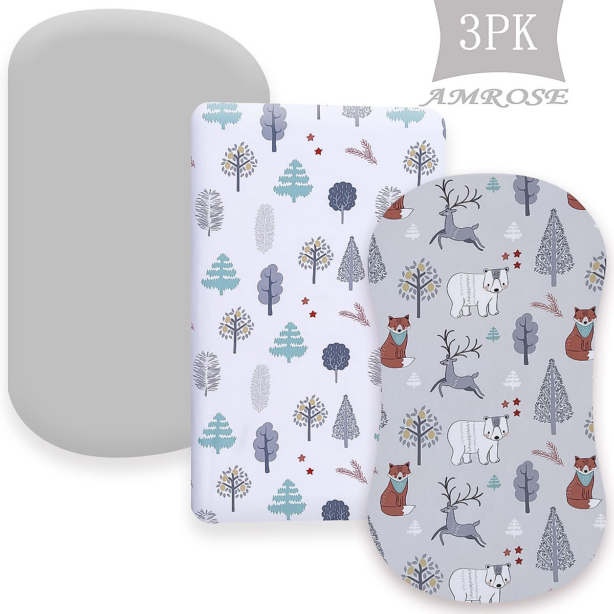 AMROSE 3 Pack Heavenly Soft Bassinet Sheets for Baby Boys Girls, Universal Fitted for Various Cradle and Bassinet Mattress Pad, Silk Touch Gentle Breathable Microfiber, Woodland Theme