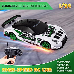 RC Drift Car Remote Control Car 2.4GHz 1:24 Scale 4WD 15KM/H High Speed Model Vehicle LED Lights Drifting Tire Racing Sport Toy Car for Adult Boys Girls Kids Gift 2Pcs Rechargeable Batterie