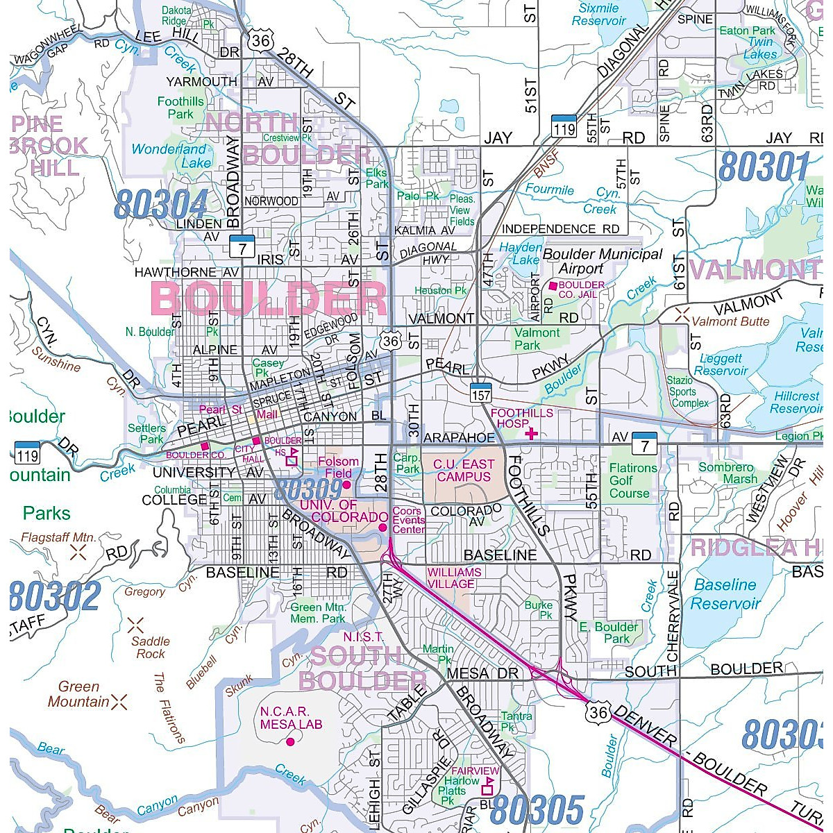 Metro Denver CO Detailed Region Wall Map w/Zip Codes *Laminated* 36"x52"