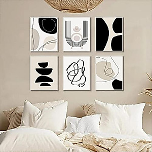Abstract Boho Wall Art Prints Set of 6, Minimalist Geometric Boho Wall Art Black Brown Beige Line Art Canvas Painting Pictures, Mid-Century Modern Prints Gallery Wall Posters for Bedroom Living Room Bathroom Boho Room Decor(8" X 10", Unframed)