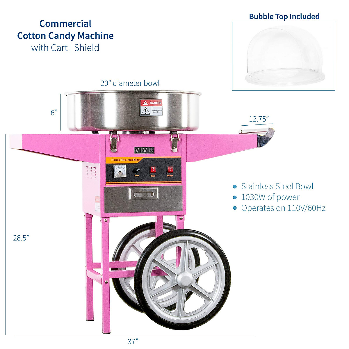 VIVO Pink Electric Commercial Cotton Candy Machine/Candy Floss Maker, Mobile Cart with Bubble Shield CANDY-KIT-2