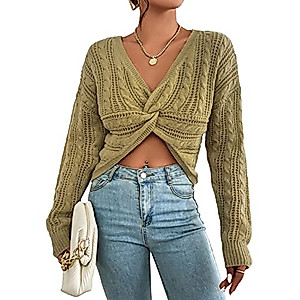 WDIRARA Women's Cable Knit Twsit Front V Neck Long Sleeve Crop Sweater Pullover Khaki L