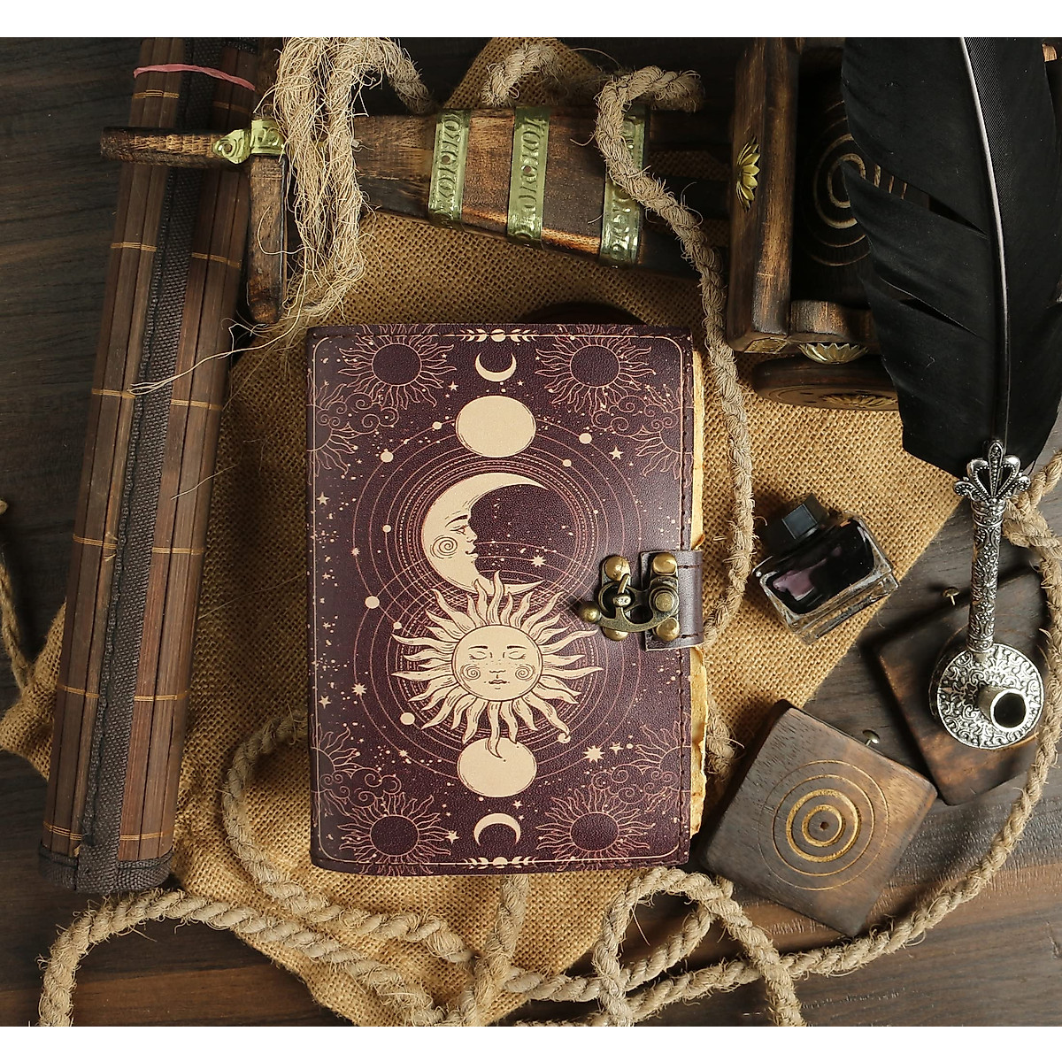 Sun & Moon Vintage Leather Journal for Men & Women 200 Pages of Antique Handmade Deckle Edge Vintage Paper, Leather Sketchbook, Drawing Journal, Printed leather Journal, Great Gift (7 x 5 Inch)