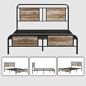 IKIFLY Metal Queen Size Platform Bed Frame with Industrial Wood Headboard/Footboard, Strong Metal Slats, Easy Assembly, Noise-Free, No Box Spring Needed - Wood Brown