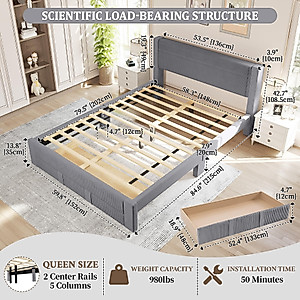 FINATI Queen Bed Frame with Storage, Wood Platform Bed Frame Queen Size with Velvet Upholstered Headboard Footboard, Strong Wooden 12-Slats Support, Under Bed Storage Drawer with Wheels, Noise Free