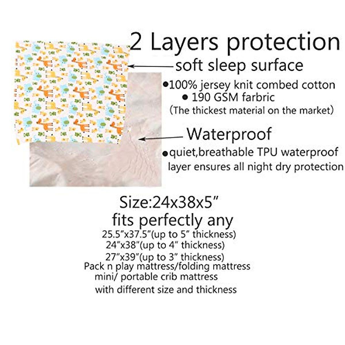 Waterproof Pack N Play/Mini Portable Crib Sheet Set 2 Pack 100% Jersey Cotton 190GSM Thickest Ultra Soft Stretchy for Baby Girl Boy Cute Animal by Knlpruhk