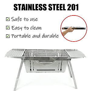 nbe Camping Charcoal Grill Portable BBQ Grill Stainless Steel Wood Burning Grill with Carrying Bag | Folding Small Grills For Outdoor Barbecues Traveling Picnics Garden/Beach Party (58 * 20.5 * 26CM)