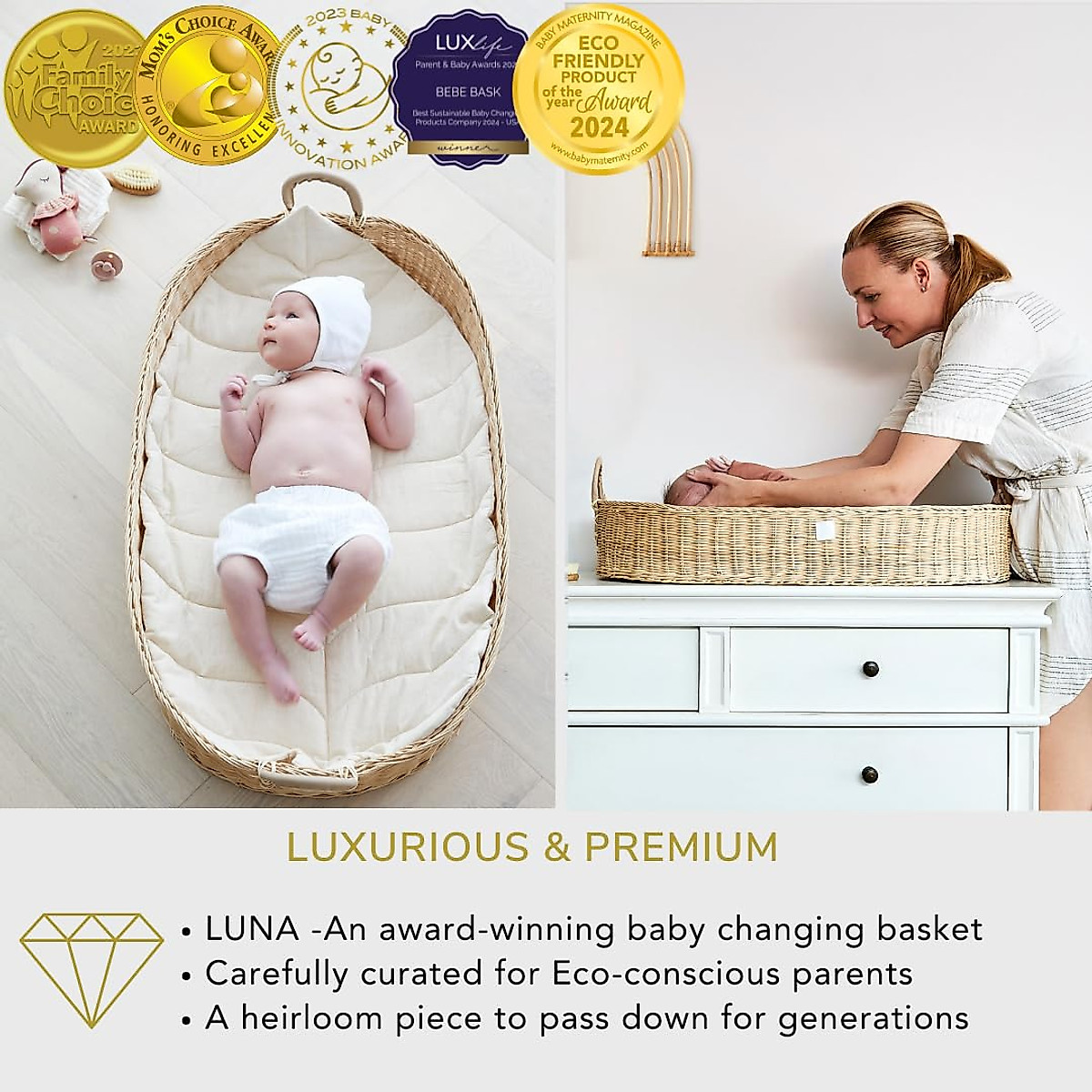 BEBE BASK Premium Baby Changing Basket - Artisan-Crafted Rattan with Extra High Sides - Wicker Changing Basket for Baby Dresser - All Accessories Included - Complete Set for Nursery (Rattan)