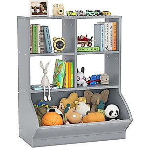 Aheaplus Toy Storage Organizer with Bookcase, 5 Cubby Bookshelf Toy Storage Cabinet, Open Multi-Bins Toys&Books Storage Display Organizer for Playroom, Bedroom, Living Room, Grey
