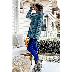 OFEEFAN Long Sleeve Shirts for Women Tunics Ladies Sweaters Winter Tops Blue L