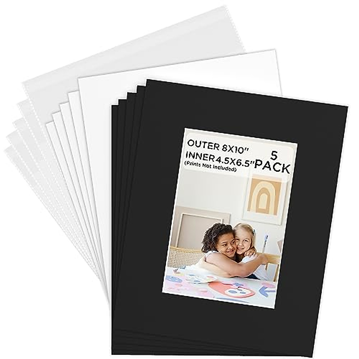 eletecpro 5 Pack Acid-Free Picture Mats Set, 8x10 Inch Core Bevel Cut Mats, Backing Boards, Clear Bags for Framing 5x7 Inch Photos, Artwork, Prints, Display and Preserve Cherished Pictures