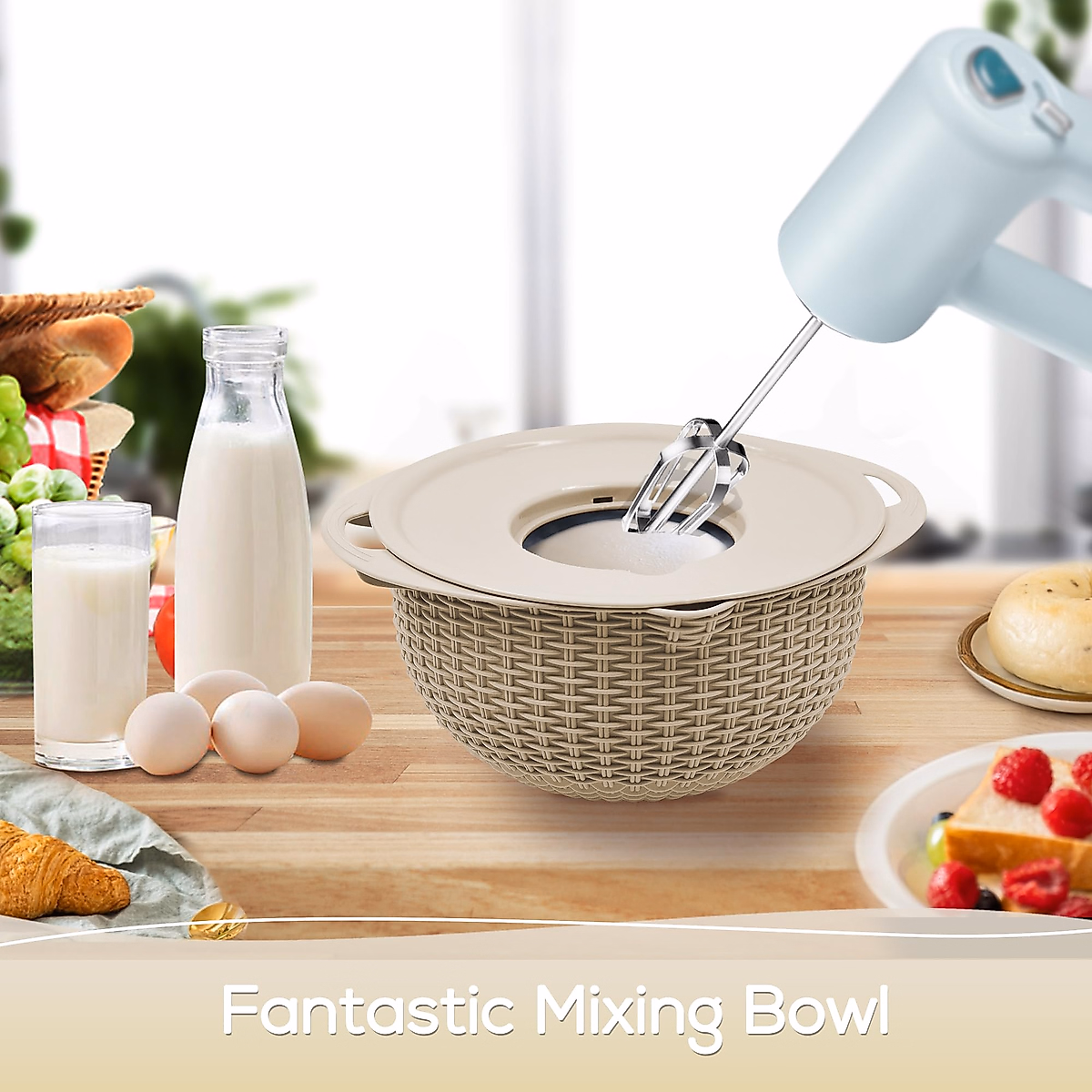 4-1 Colander with Mixing Bowl Set, 2024 New Food Strainers and Colanders Set for Kitchen, Pasta Rice Strainer, Fruit and Veggie Washer, Salad Spinner, Kitchen Essentials Strainer Basket Bowl, Beige