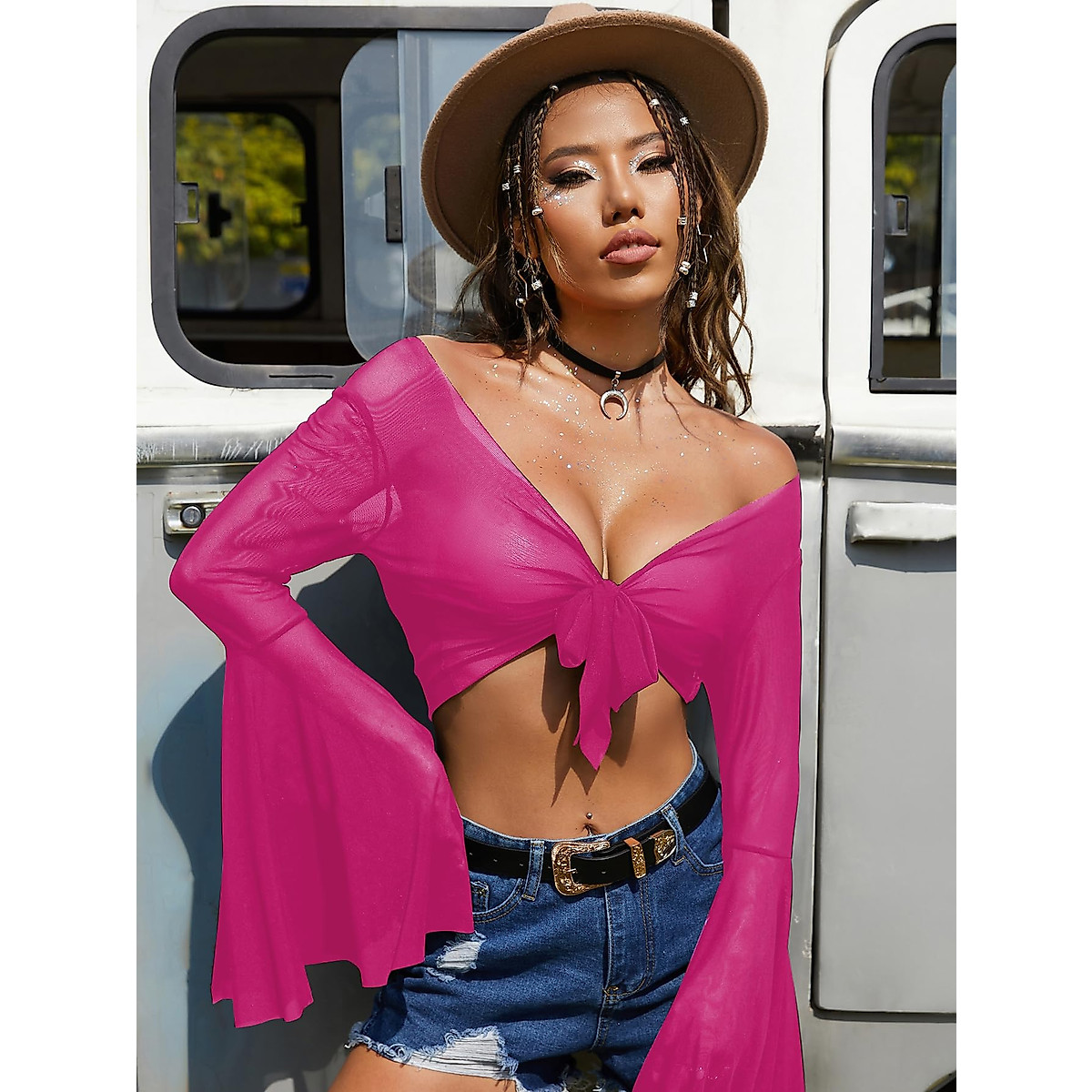 Verdusa Women's Tie Front Bell Long Sleeve Blouse Sheer Mesh Crop Top Hot Pink M