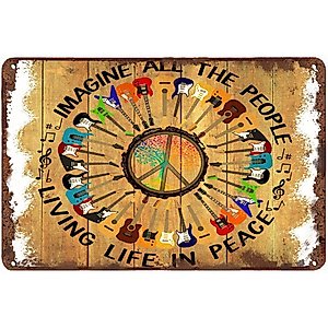 UNBARD Retro Tin Sign Vintage Imagine All People Living Life in Peace, Vintage Rock Kitchen Decor Summer Decor Funny Wall Decor for Home Cafes Office Store Pubs Club Plaque Tin Sign 12 X 8 INCH
