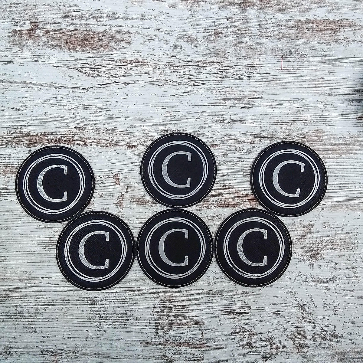 Round Handmade Coasters - Personalized Coasters Set of 6 - Custom Engraved Barware Decorations - Leather Bar Decor - Man Cave Father's Day Present (Black/Silver)