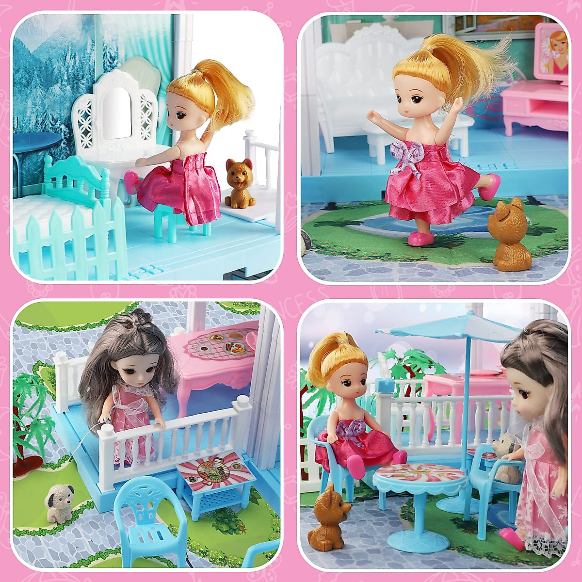 TOY Life Dollhouse - Doll House 4-5 Year Old with Lights - Toddler Girls Doll House 3-5 Year Old 20" x 19" x 11" with 2 Dolls 3 Princess Doll Dream House Rooms, Furniture & Dollhouse Accessories
