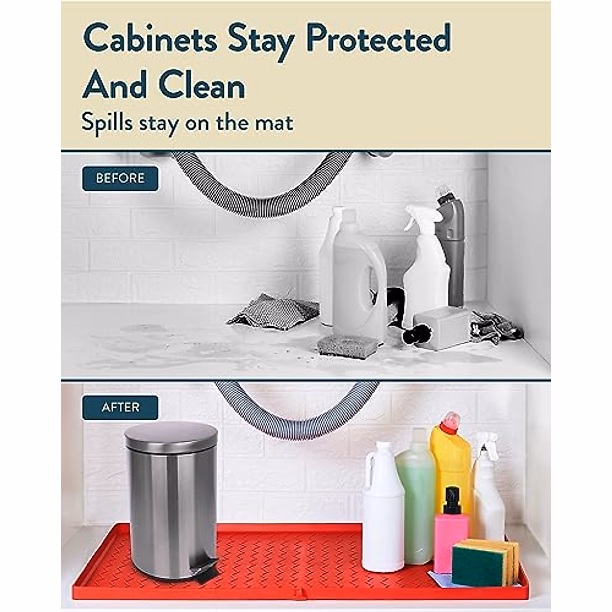 Under Sink Drip Tray - Silicone Liner Mat for Under Kitchen or Bathroom Sink - Waterproof Organizer Protects Floors from Leaks - 34" x 22" Red