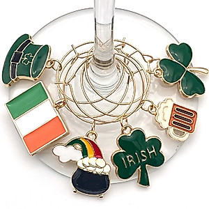 St Patrick's Day Wine Glass Charms, Irish Glass Markers, St Patricks Day Decoration, Set of 6 Charms: Ireland Flag, Leprechaun Hat, Shamrock, Beer Mug, and Pot of Gold