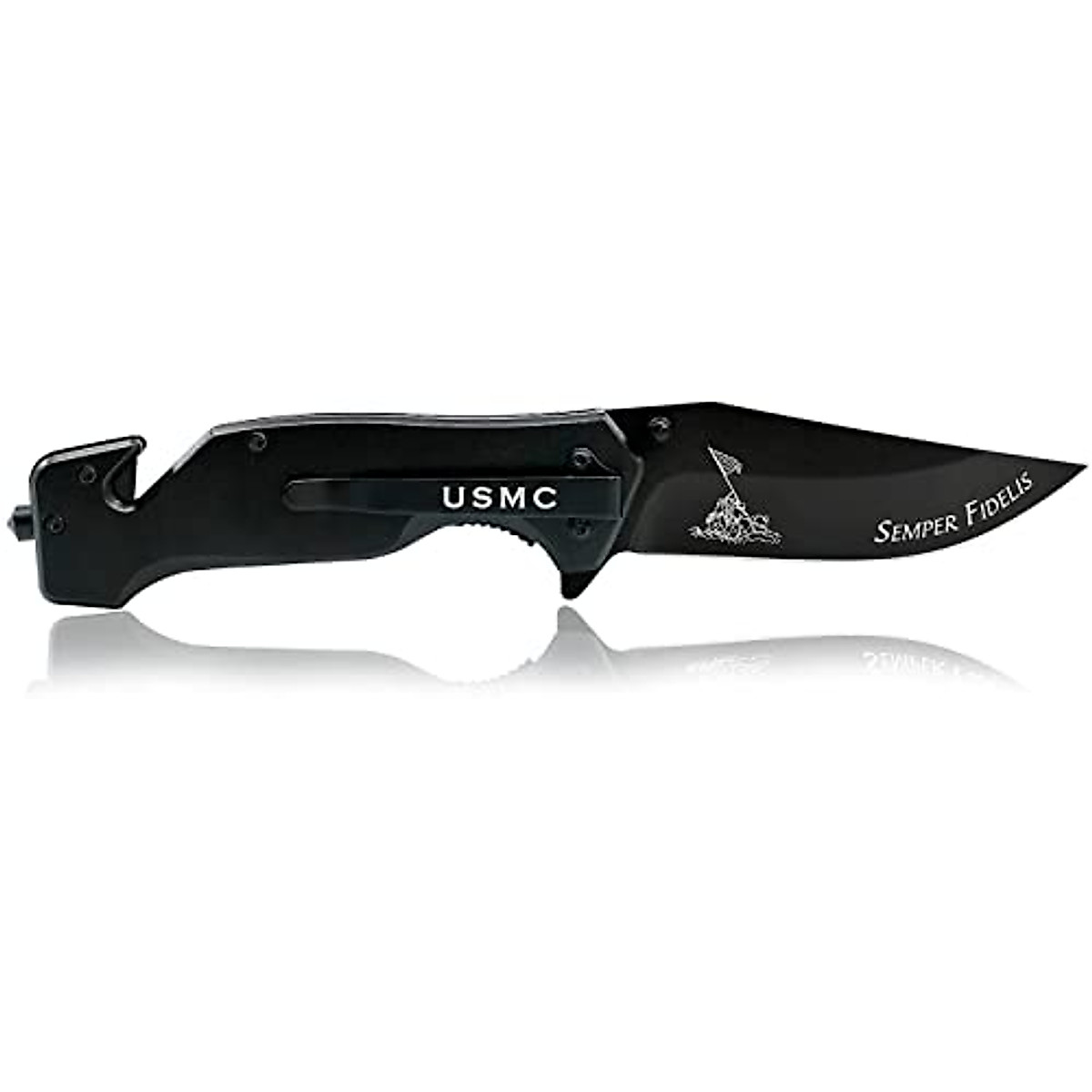 USMC Black Tactical Folding Knife-3.5 Inch Blade Marine Rescue & Hunting Knife-Two-Sided Engravings - USMC Gift-Disabled USMC Vet Owned SMALL Business