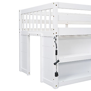 Luckiofvonne Twin Size Low Loft Bed with Storage Shelves, Wood Kids Twin Loft Bed with LED Light and Shelves, Low Loft Bed for Kids, Boys Girls, Strong Wood Slats Support, White