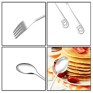 6 Pieces Stainless Steel Kids Flatware, Mirror Polished Child Toddler Silverware Little Bear Spoon and Fork Set, 3 x Safe Forks,3 x Children Tablespoons for Lunch Box