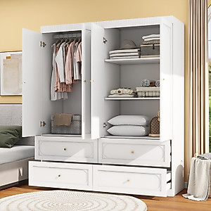 LABROSKIA Bedroom Armoire Wardrobe Closet with 4 Drawers: 74" White Wood Closet for Hanging Clothes, Cabinet for Clothes with 4 Doors, Large Wardrobe Closet with Shelves (White)