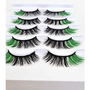 MISSLADY 16mm 5 Pairs Pack 3D Faux Mink Eyelashes with Green Ends Colored Lashes (FM-205, 8-16mm, Black with Green Ends, 5 Pairs)