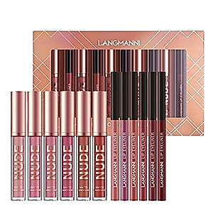 LANGMANNI 6 Matte Lipstick with 6 Lipliners Durable Makeup Set,Long-Lasting Non-Stick Cup Not Fade Waterproof Pigmented Velvet Lipgloss Kit Beauty Cosmetics Makeup Gift for Girls(12PCS)