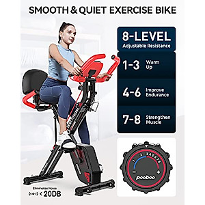 pooboo Folding Exercise Bike, Foldable Fitness Stationary Bike Machine, Upright Indoor Cycling Bike, 4-in-1 Magnetic X-Bike with 8-Level Adjustable Resistance, Bottle Holder, Arm Resistance Bands, Pulse Sensor & Back Support Cushion for Home Gym Workout (