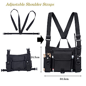 Chest Rig Bag Utility Vest Multi-Pocket Chest Bag for Men Hands Free Radio Front Pack Pouch Hip Hop Chest Pack Functional Tactical Harness for Women Running Exercise Hiking Camping (Black, Size L)