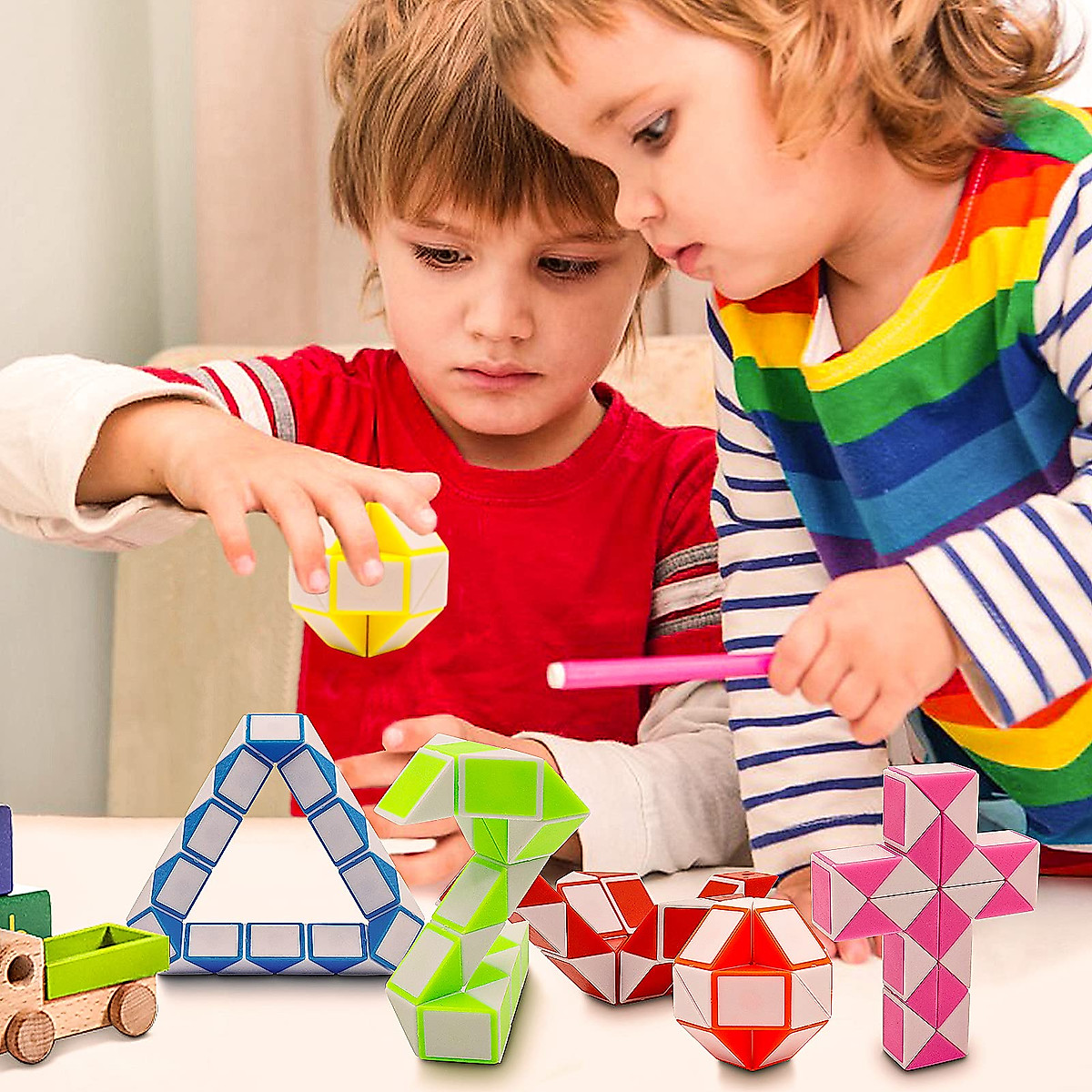 LENDOD 12 Pack 24 Blocks Mini Fidget Snake Cube Mini Twist Puzzle Cubes Magic Speed Cubes Toy for Kids Party Bag Fillers, Party Supplies