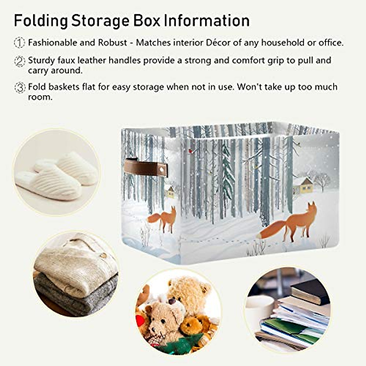 Storage Basket Cube Winter Forest Wildlife Animal Fox Large Collapsible Toys Storage Box Bin Laundry Organizer for Closet Shelf Nursery Kids Bedroom,15x11x9.5 in,1 Pack