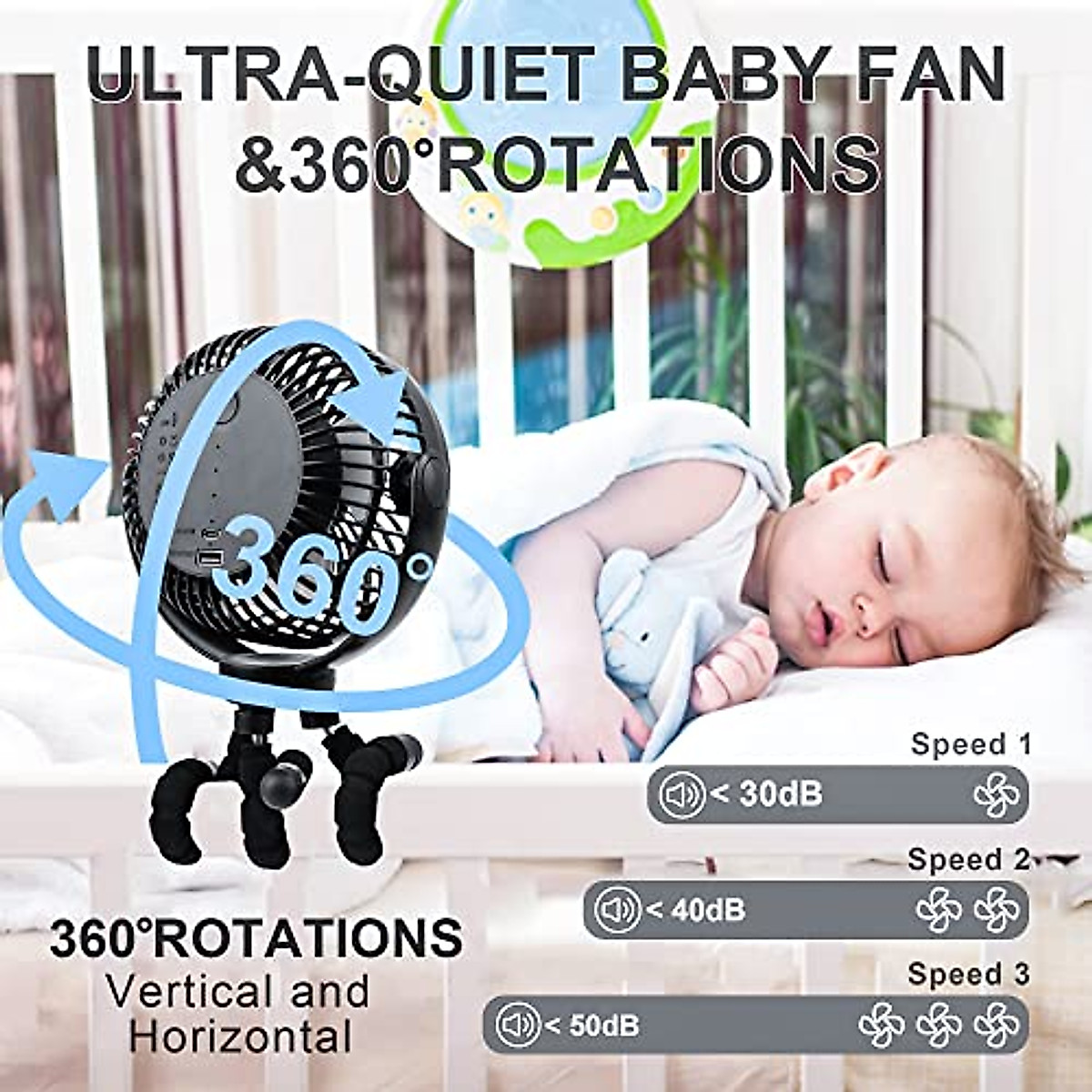 Stroller Fan, Use As Power Bank, 66H 10000mAh Battery Operated Fan, Personal Portable Fan, Baby Stroller Fan, with Flexible Tripod Clip on Student Bed Desk Bike Crib Treadmill Camping (Black)