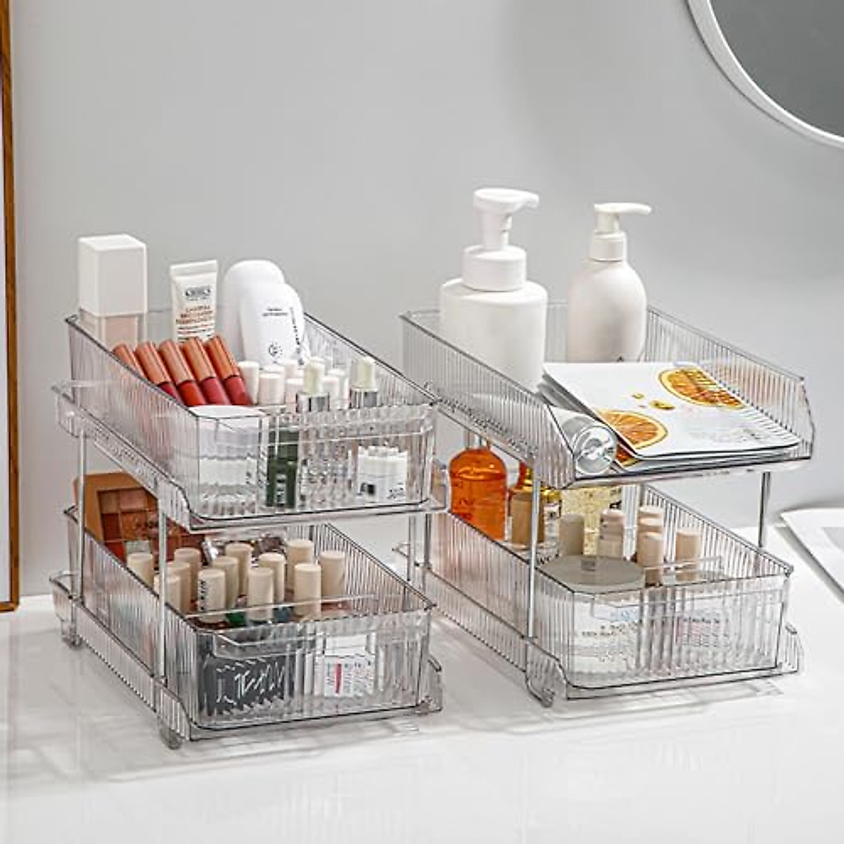 Cupboard Storage Rack, 2 Layer Pull Out Cupboard Storage Rack, Under Sink Cupboard Organizers with Partitions, Kitchen Spices Cupboard Storage Rack, Kitchen Pantry Organizer for Toiletry Pantry