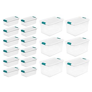 Sterilite Clear 6 Quart Easy Latching Storage Box with White Lid, 12 Pack, and Clear 64 Quart Easy Latching Storage Box with White Lid, 6 Pack