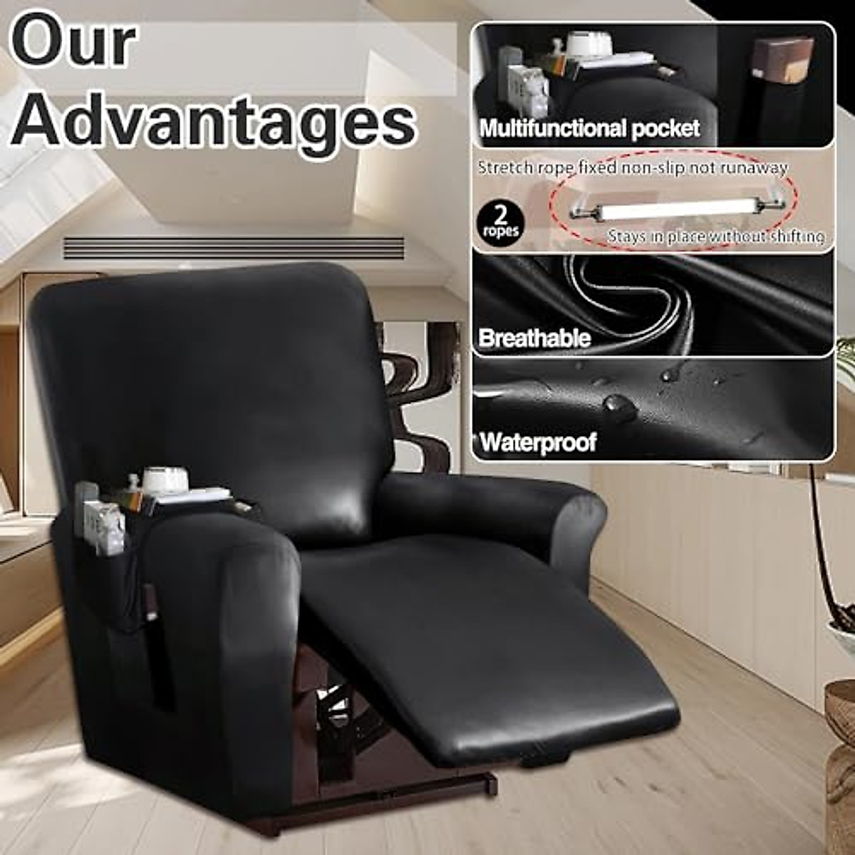 HewTLES PU Leather Recliner Cover, Elastic Waterproof Sofa Cover, 4-Piece Recliner Cover with Pockets, Easy to Clean Recliner Covers for Large Recliner，Added armrest Storage Pockets (Black)