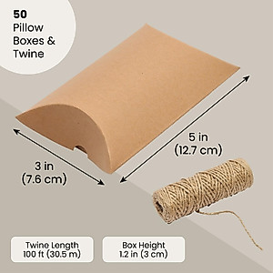 Pillow Gift Boxes with Jute String for Party Favors (5 X 3.5 in, Kraft Paper, 50 Pack)