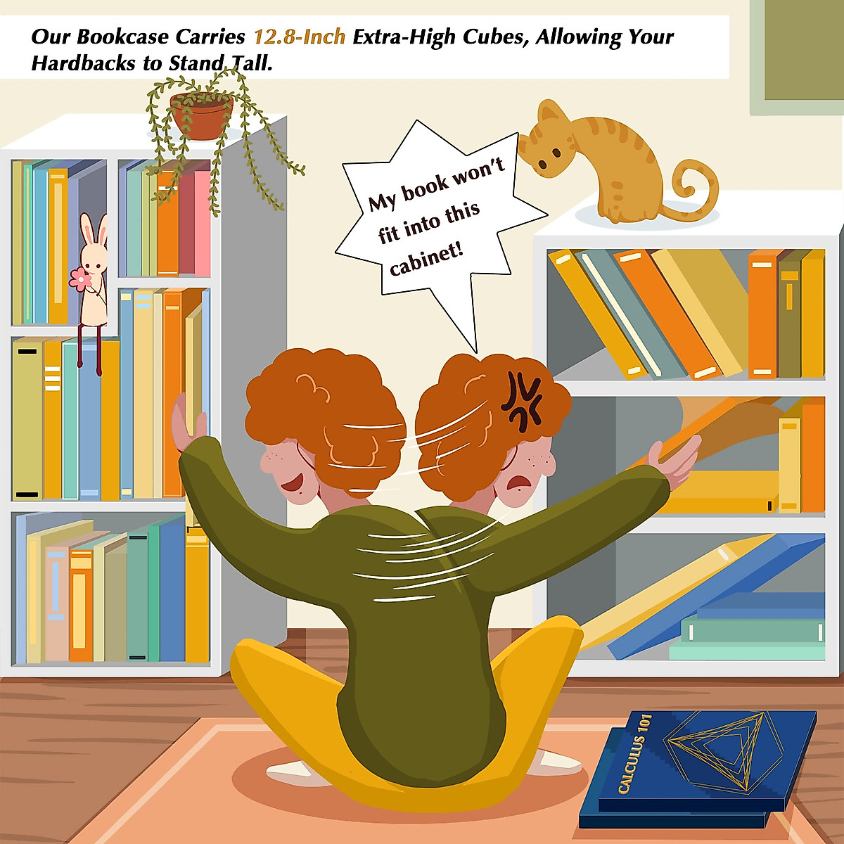 VECELO 42 Inch High Bookcase, 4-Tier Modern Storage Cabinet with Height Difference Shelves for Standard Textbooks, Floor Standing, 7 Cubes, Horizontal Available, Easy Assembly, Pearl White