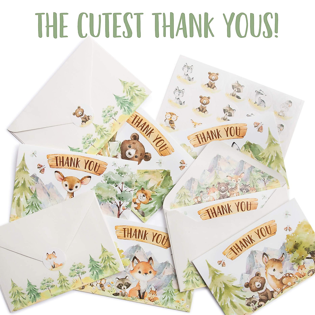 VNS Creations 50 Woodland Animal Thank You Cards, Bulk Forest & Mountain Creatures Thank You Notes w/Matching Lined Envelopes & Stickers, 4 x 6 in.
