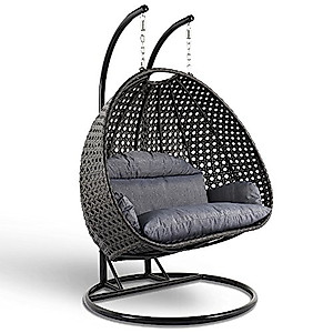 LeisureMod 2 Person Hanging Double Swing Chair, X-Large Wicker Rattan Egg Chair with Stand and Cushion for Indoor Outdoor Patio Garden (Charcoal Blue)