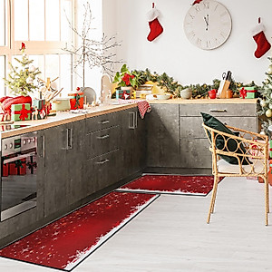 Tayney Christmas Kitchen Rugs and Mats Non Skid Washable Set of 2, Snowflake Red Snow Floor Mats, Xmas Runner Rug, Winter Kitchen Decor