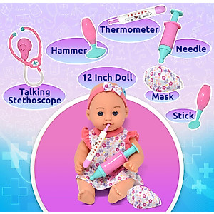 Dolls To Play Interactive Baby Doll Doctor Kit Pretend Play Medical Set Toy for Kids with 12 Inch Baby Doll, Talking Stethoscope, Dr. Checkup Complete Role Play Accessories Medical Playset for Kids